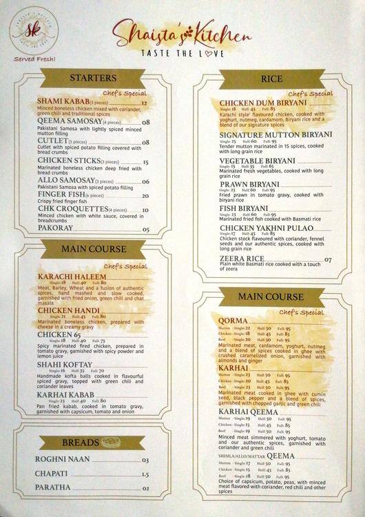 Menu of Shaista Kitchen, Al Khalidiya, Abu Dhabi