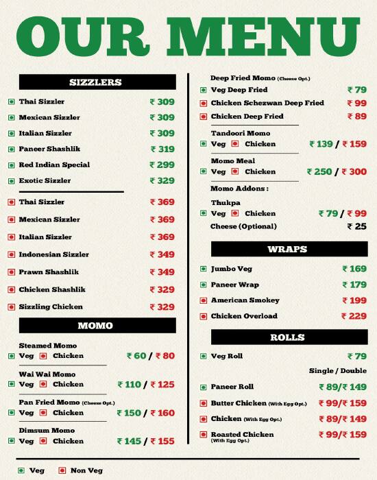 Menu of Shuffle, Gandhi Nagar, Ranchi