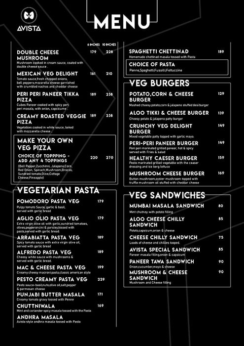 Menu of Avista, Jayanagar, Bangalore