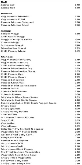 Menu at Shiva Chinese, Indore