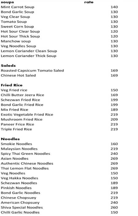 Menu at Shiva Chinese, Indore