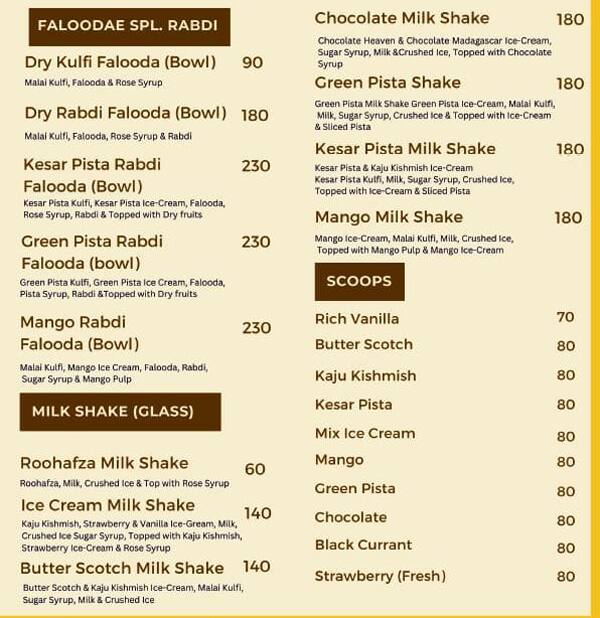 Menu of Faloodae, Kondhwa, Pune