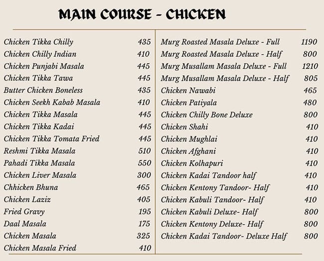 Menu of Persian Darbar, Byculla, Mumbai