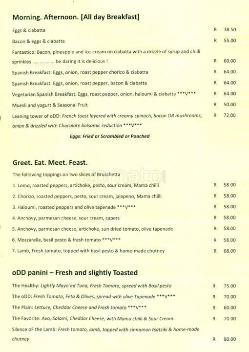 Menu of Odd Cafe, Greenside, Johannesburg