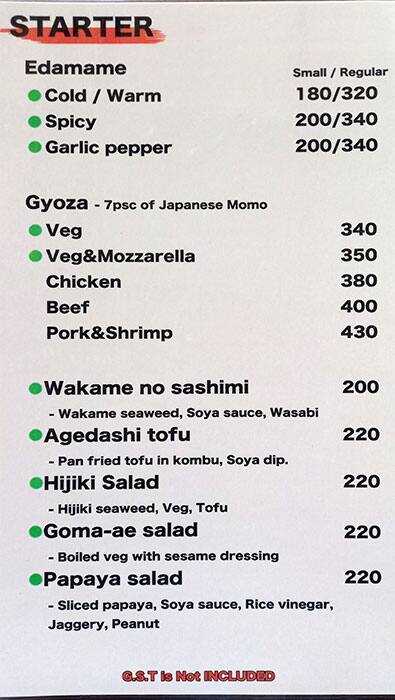 Menu of Sakana, Vagator, Goa