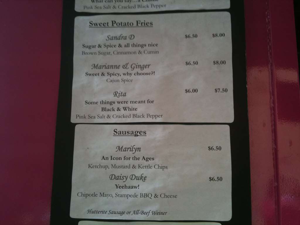 Menu at Fries & Dolls, Lethbridge