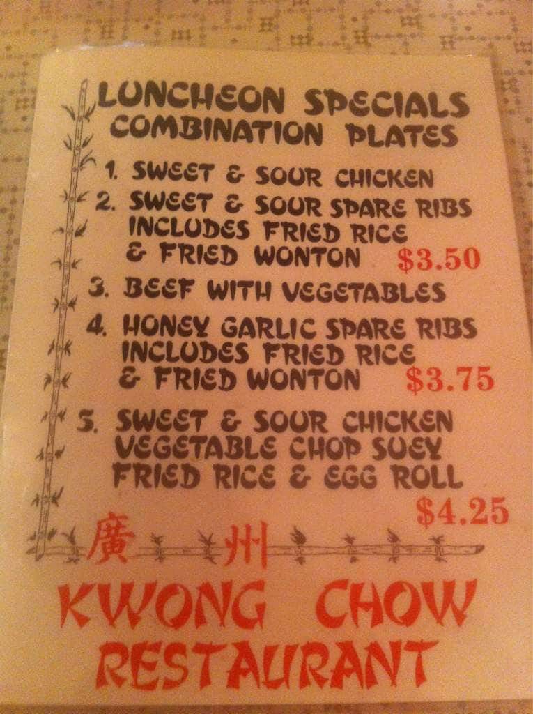 Menu at Kwong Chow restaurant, St. Catharines