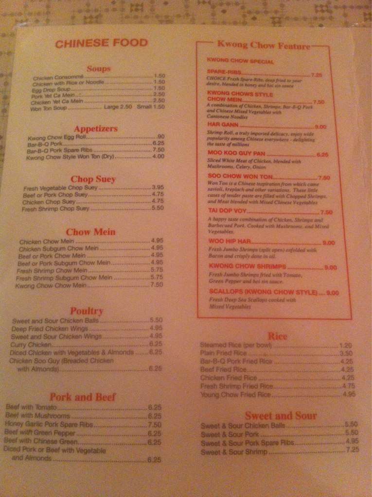 Menu at Kwong Chow restaurant, St. Catharines