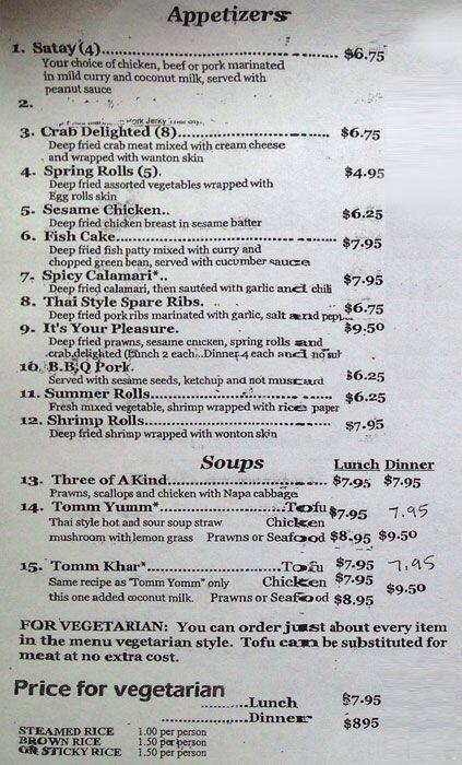 Menu at Chao Praya restaurant, Kent