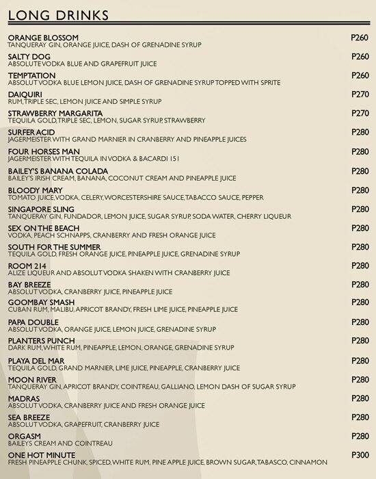 Carta del pub y bar Bellini, Cebú