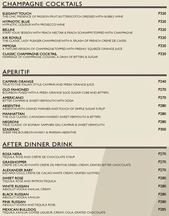 Carta del pub y bar Bellini, Cebú