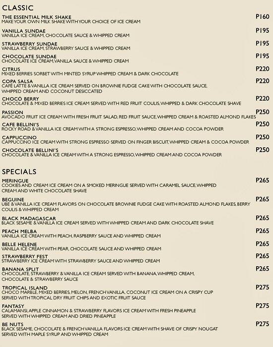 Carta del pub y bar Bellini, Cebú