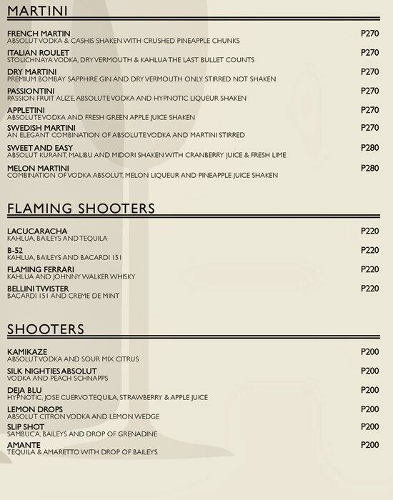 Carta del pub y bar Bellini, Cebú