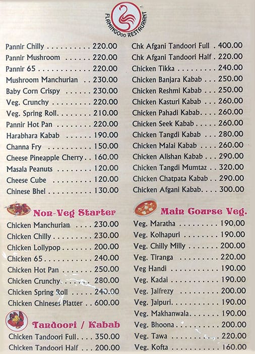 Menu at Flamingo, Pune