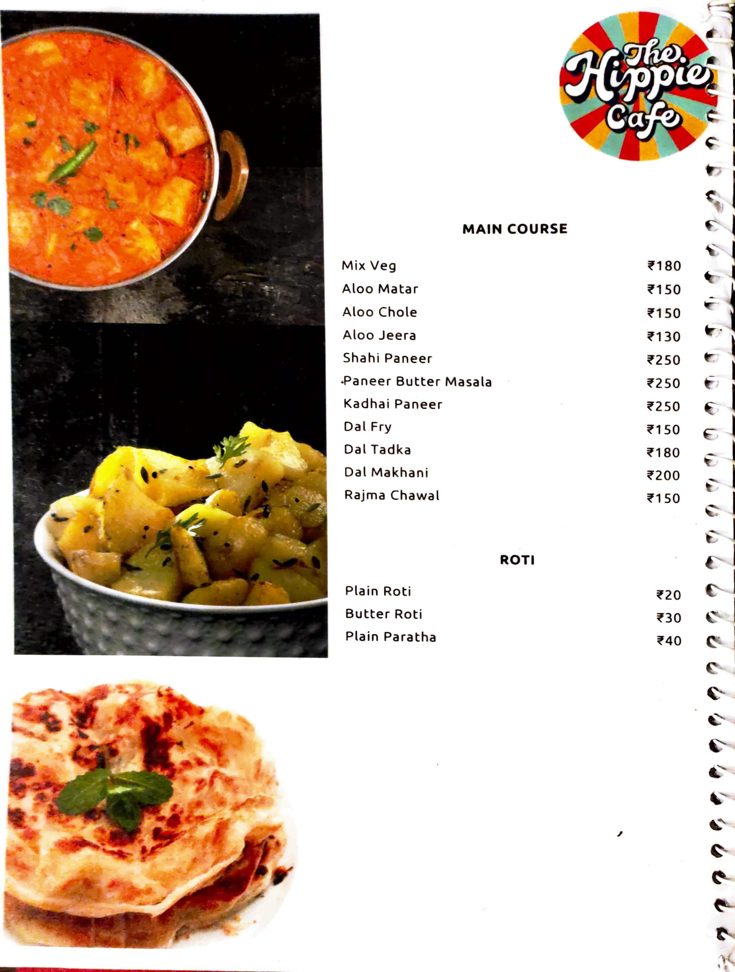 Menu at The Hippie Cafe, Rishikesh