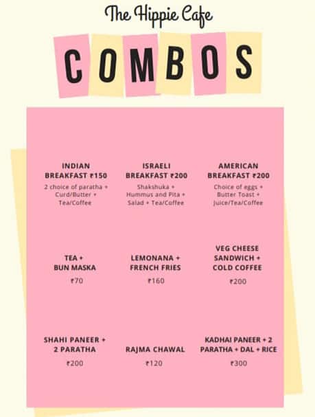 Menu at The Hippie Cafe, Rishikesh
