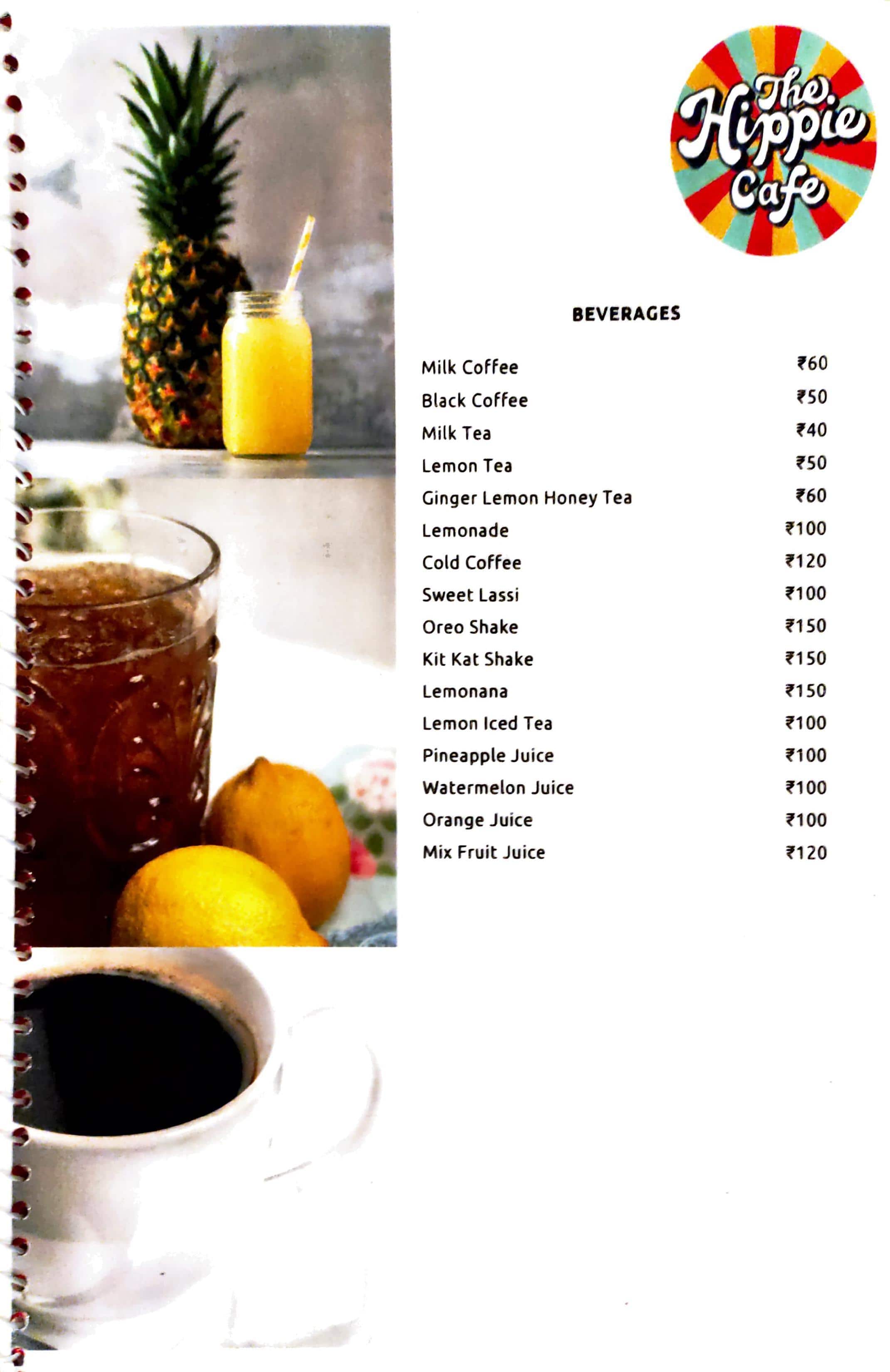 Menu at The Hippie Cafe, Rishikesh