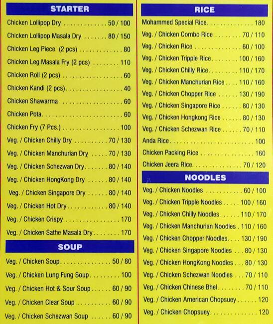 Menu of Mohammed Chinese Corner, Revdanda, Alibag