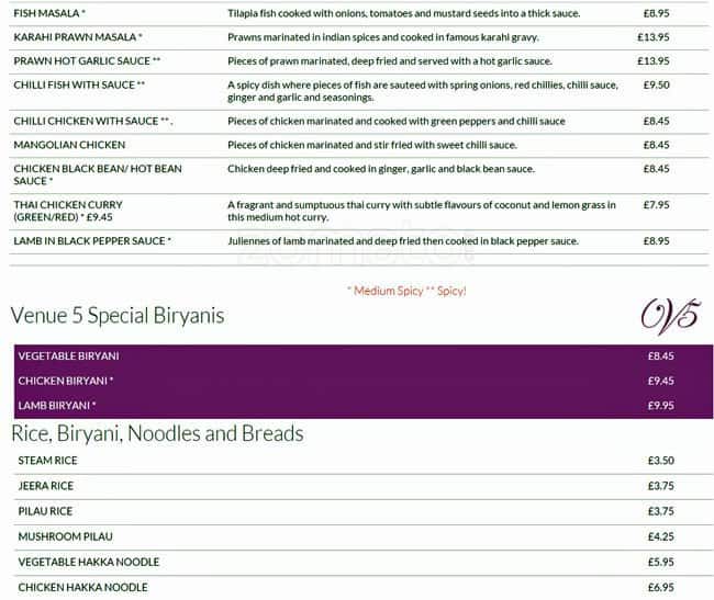 Menu at Venue 5 restaurant, Ruislip