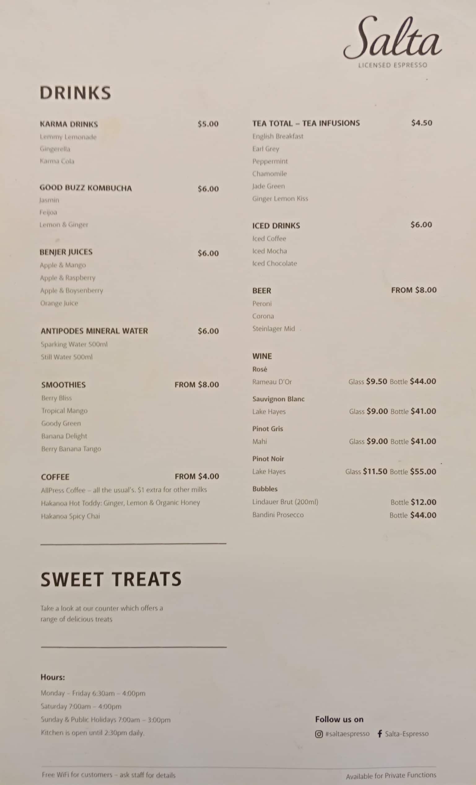 Menu at Salta Espresso Cafe, Auckland