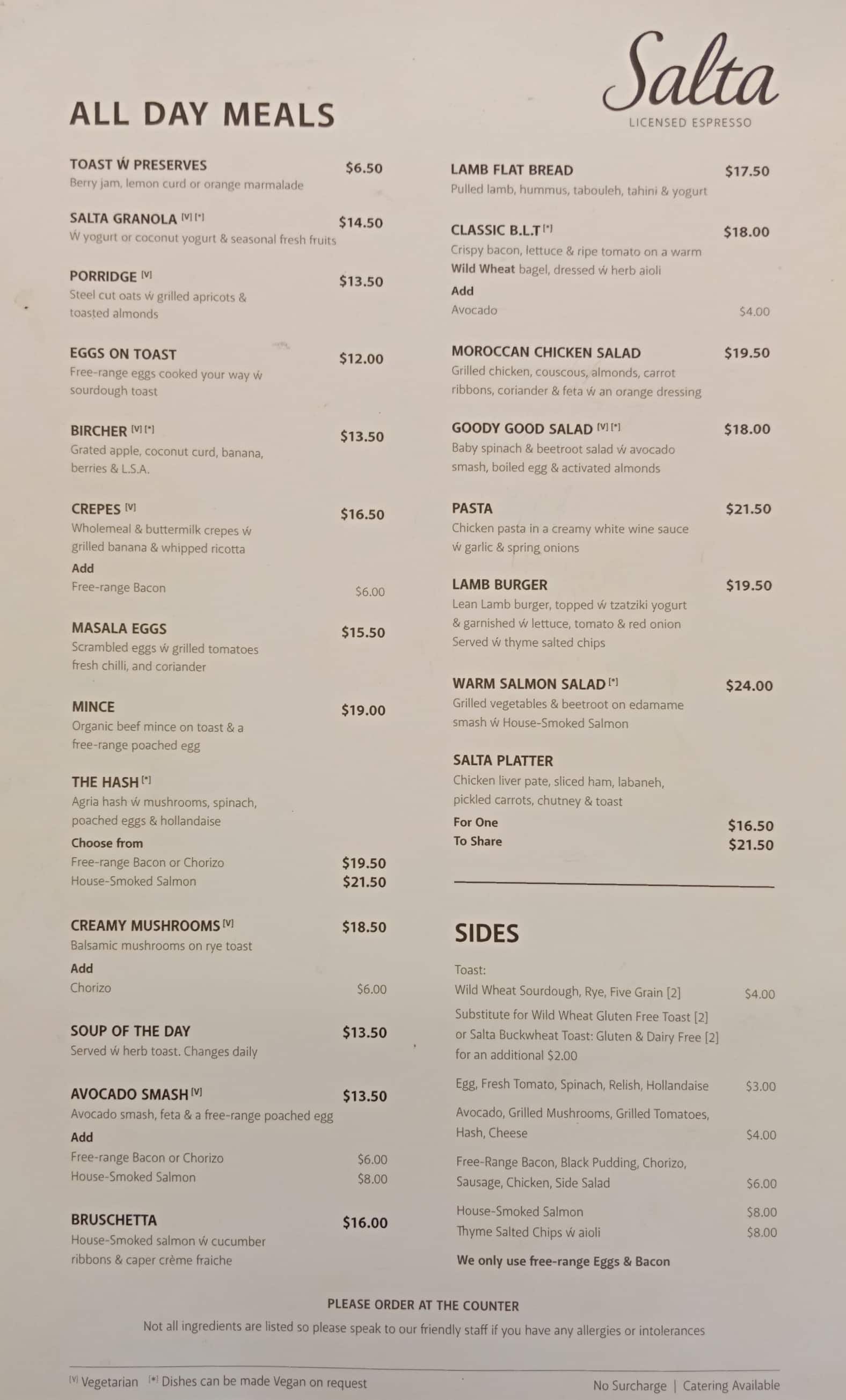 Menu at Salta Espresso Cafe, Auckland