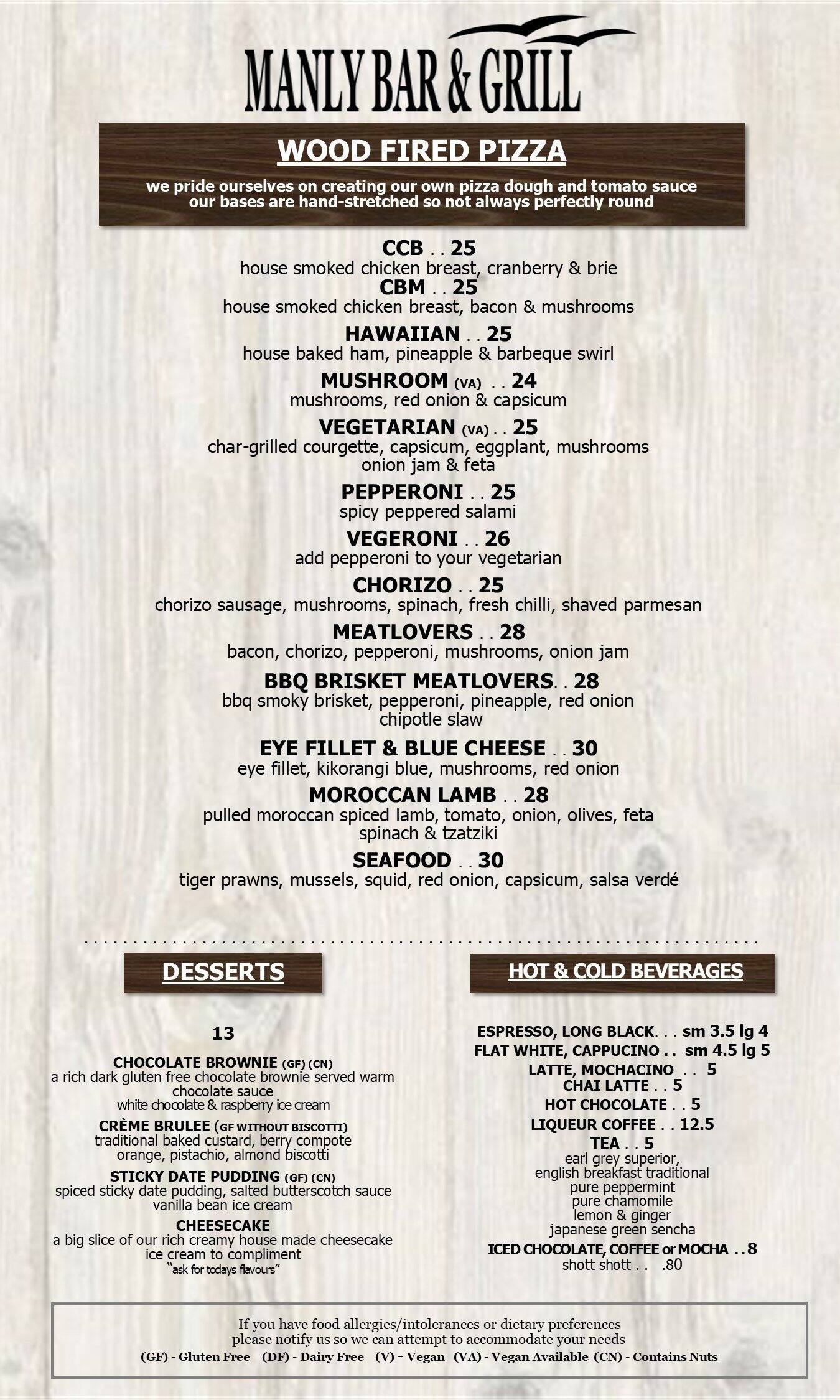 Menu at Manly Bar & Grill, Whangaparaoa
