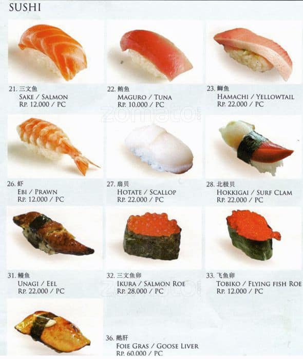Menu at Shiro Sushi restaurant, Jakarta