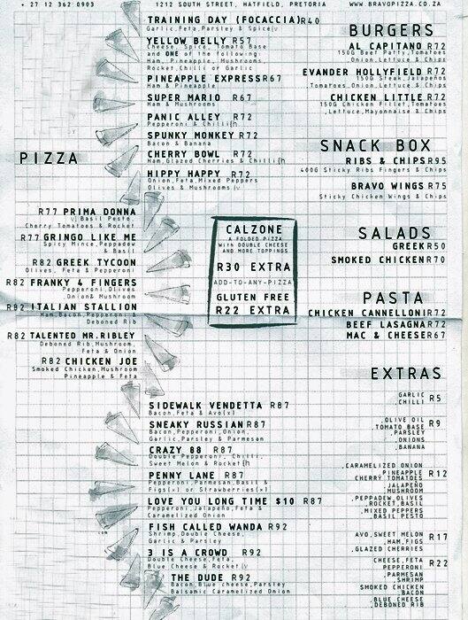 Speisekarte von Bravo Pizzeria Hatfield, Pretoria