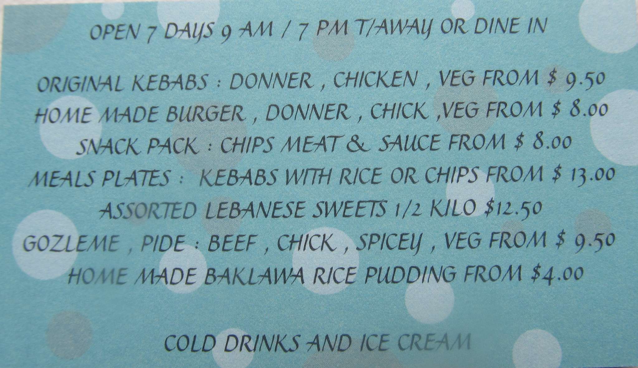 Menu at Authentic Kebab & Gozleme fast food, Warwick