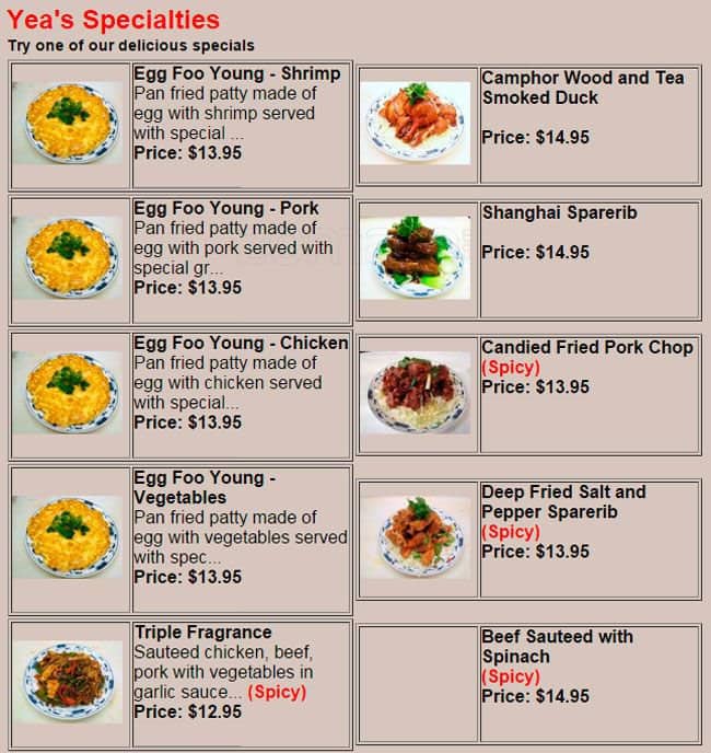 Menu at Yea's Wok restaurant, Newcastle