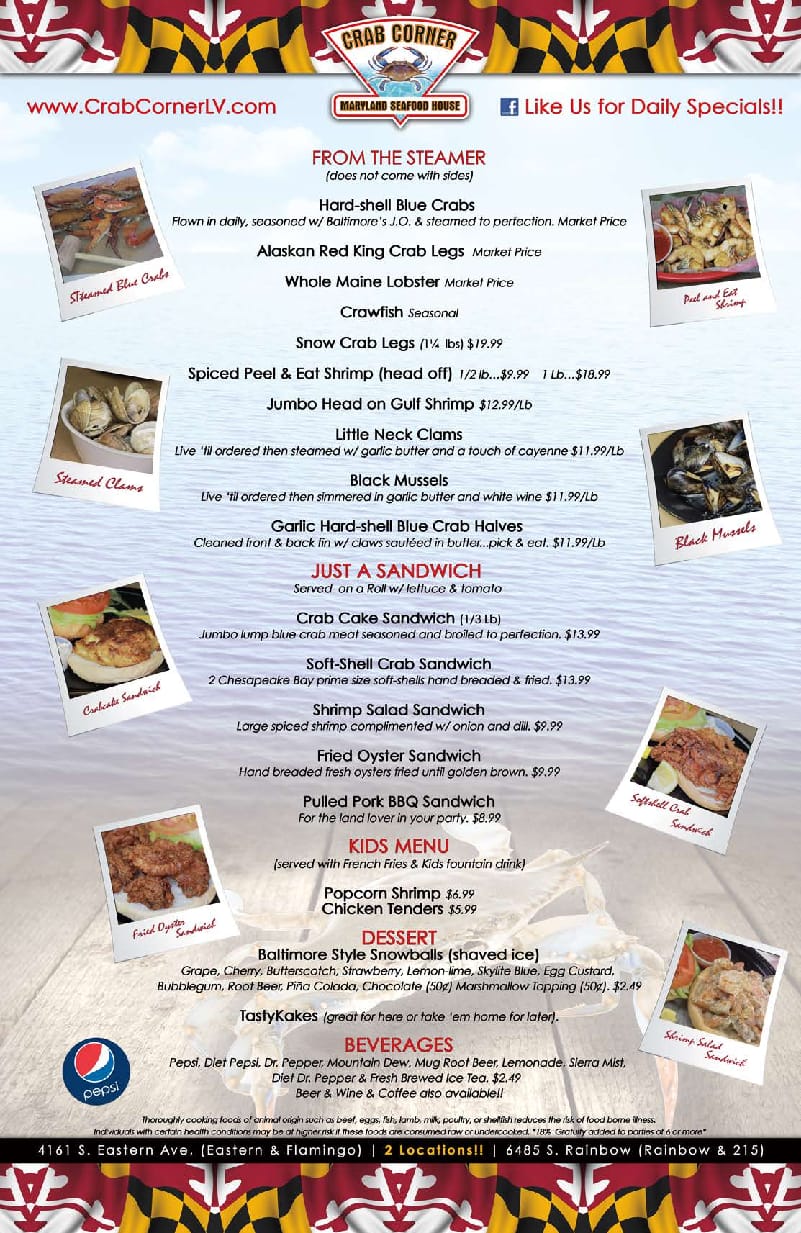 Menu at Crab Corner Maryland Seafood House pub & bar, Las Vegas, S ...