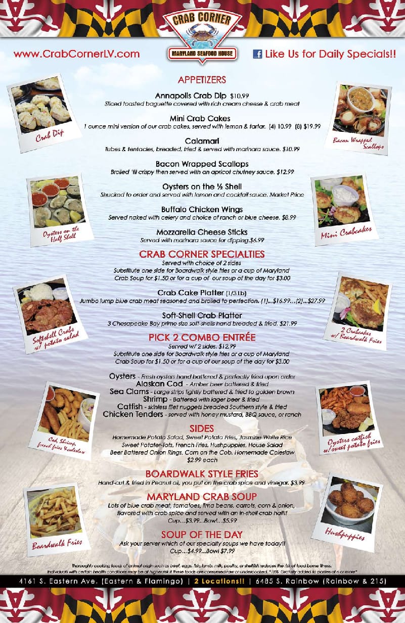 Menu at Crab Corner Maryland Seafood House pub & bar, Las Vegas, S ...