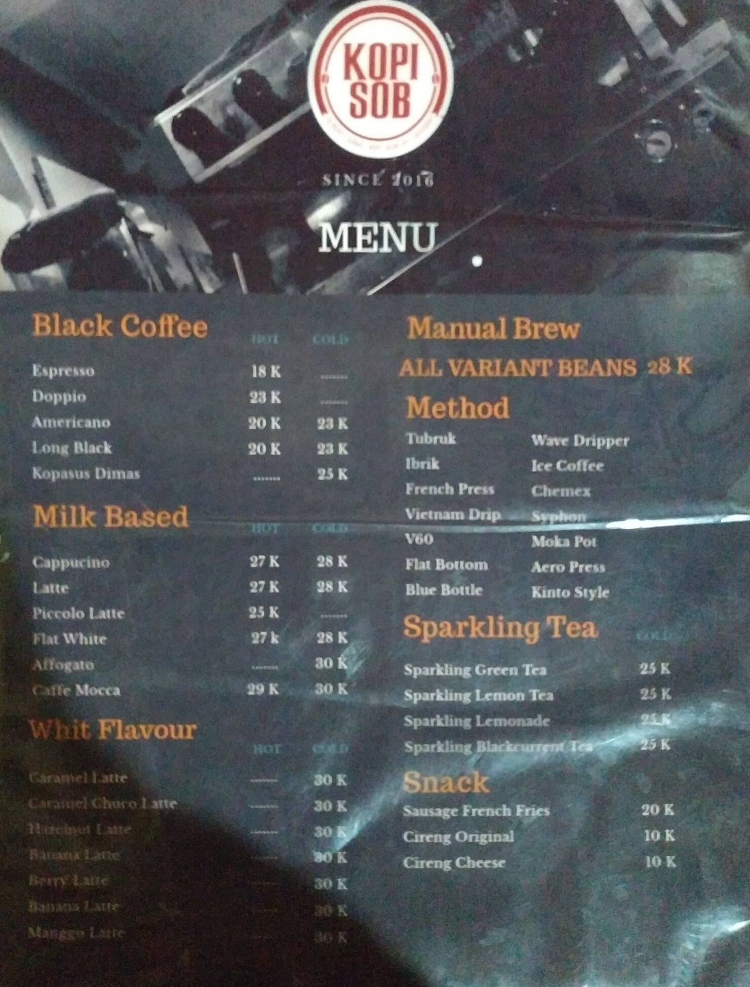 Menu at Kopi Sob cafe, Jakarta