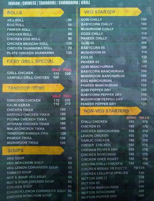 Menu at The Fiery Grill Restaurant, Bengaluru