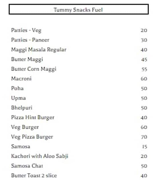 Menu at Tummy Fuel, Noida