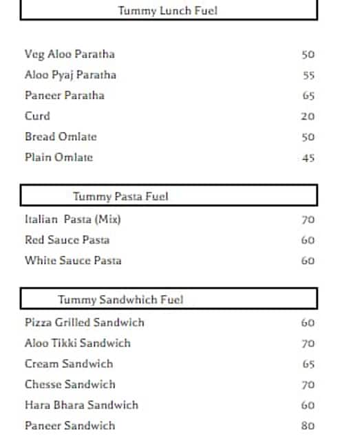 Menu at Tummy Fuel, Noida
