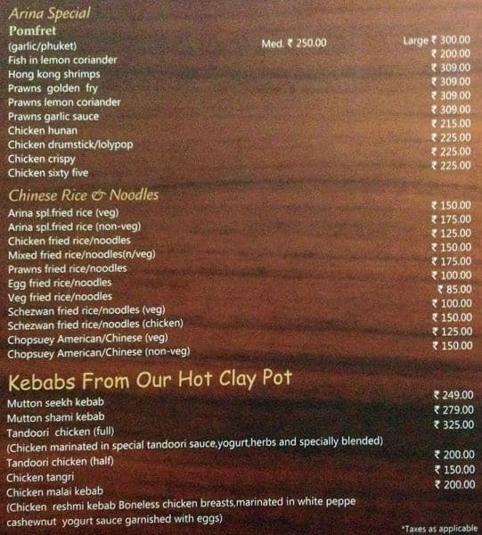 Menu at Arina Restaurant, Bhubaneswar