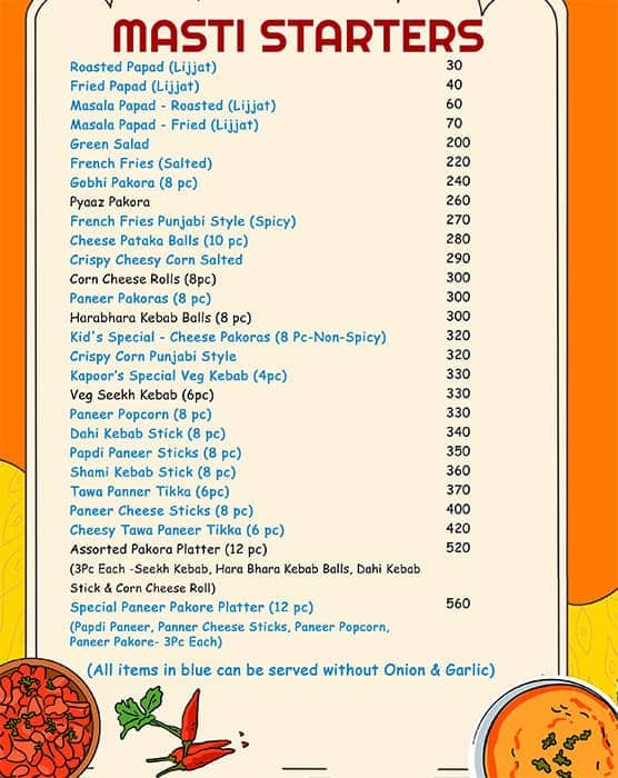 Menu of Kapoor's Cafe, Electronic City, Bangalore