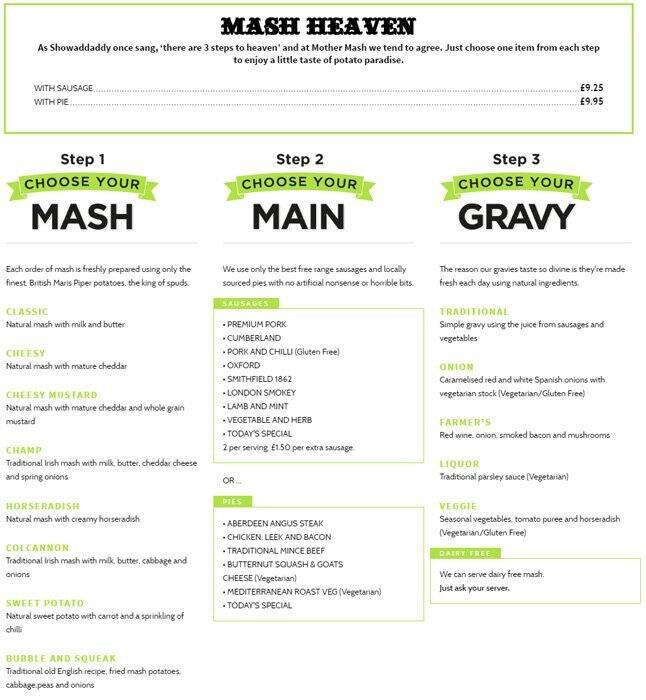 Menu at Mother Mash restaurant, London, 26 Ganton St