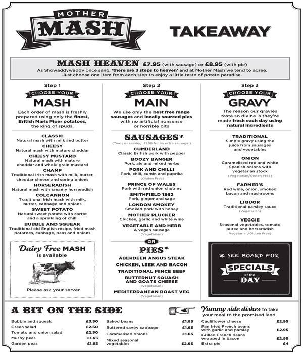 Menu at Mother Mash restaurant, London, 26 Ganton St