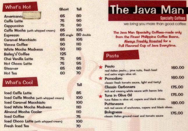 Menu at The Java Man cafe, Mandaluyong, Building A SM Megamall