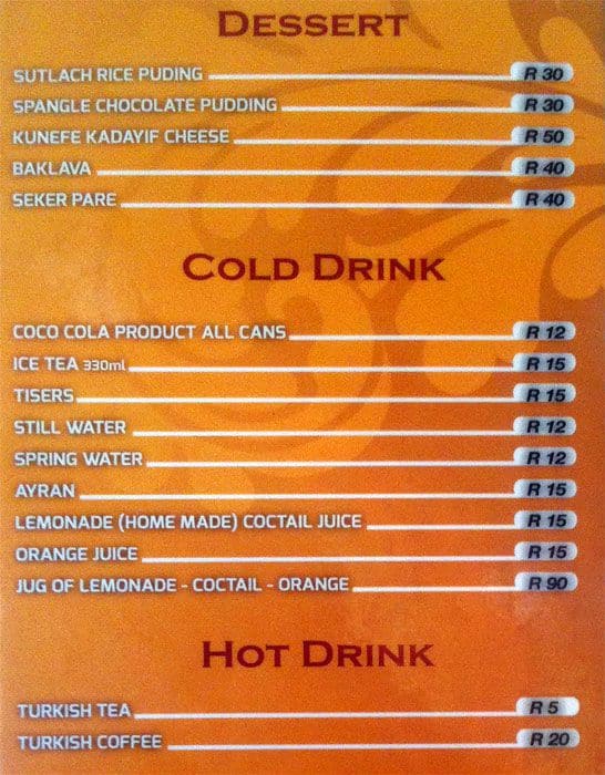 Menu at Ottoman Palace Turkish Restaurant, Midrand