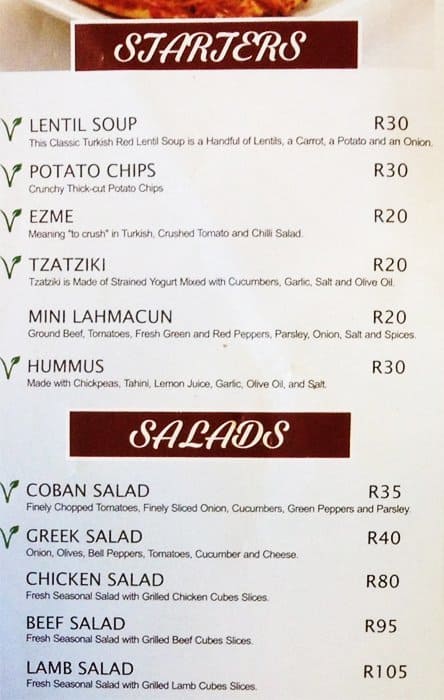 Menu at Ottoman Palace Turkish Restaurant, Midrand