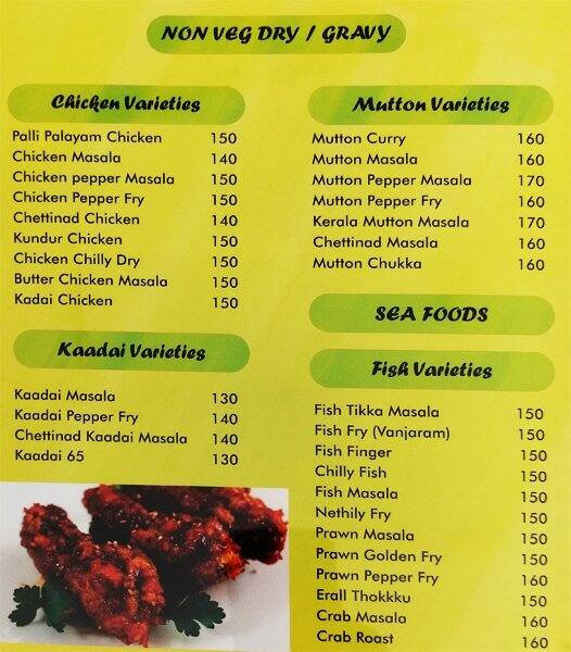 Menu at Udaiyaars hotel, Chennai
