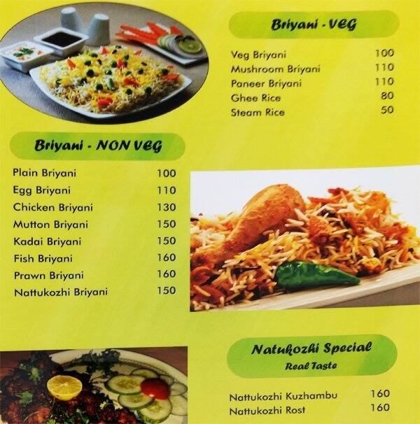 Menu at Udaiyaars hotel, Chennai