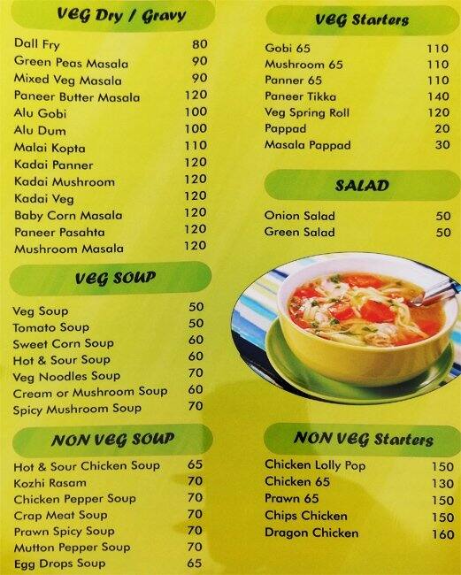 Menu at Udaiyaars hotel, Chennai