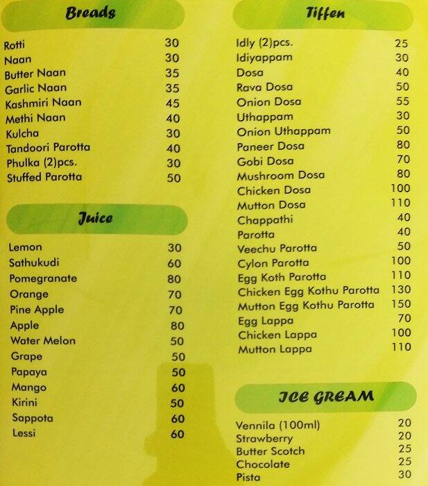 Menu at Udaiyaars hotel, Chennai