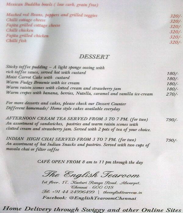 Menu at The English Tearoom, Chennai, 17, Kasturi Ranga Road, 1st floor ...