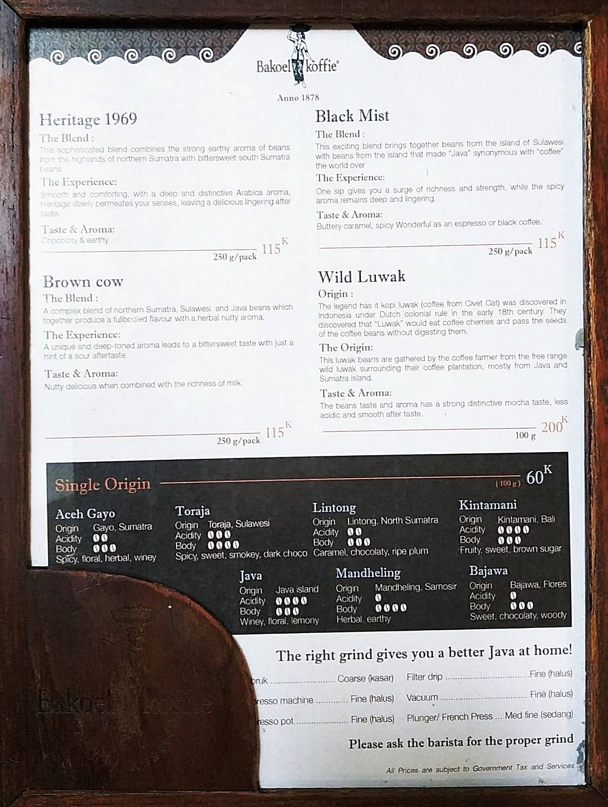 Menu at Bakoel Koffie cafe, Jakarta, Jl. Cikini Raya No.25
