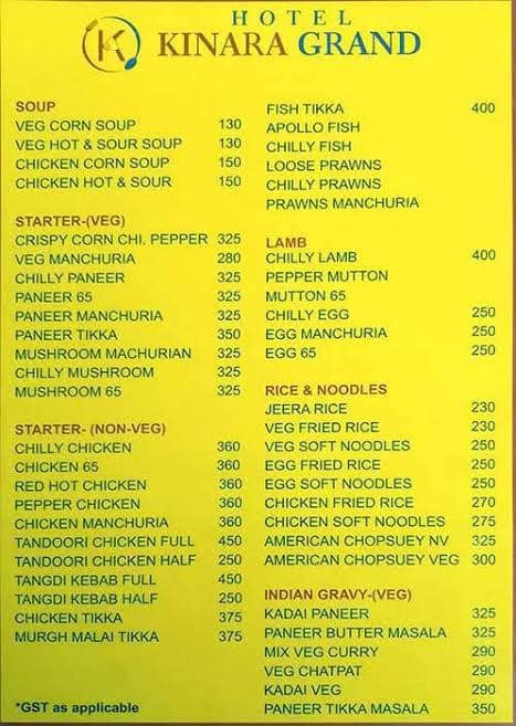 Menu of Kinara Grand, Habsiguda, Hyderabad